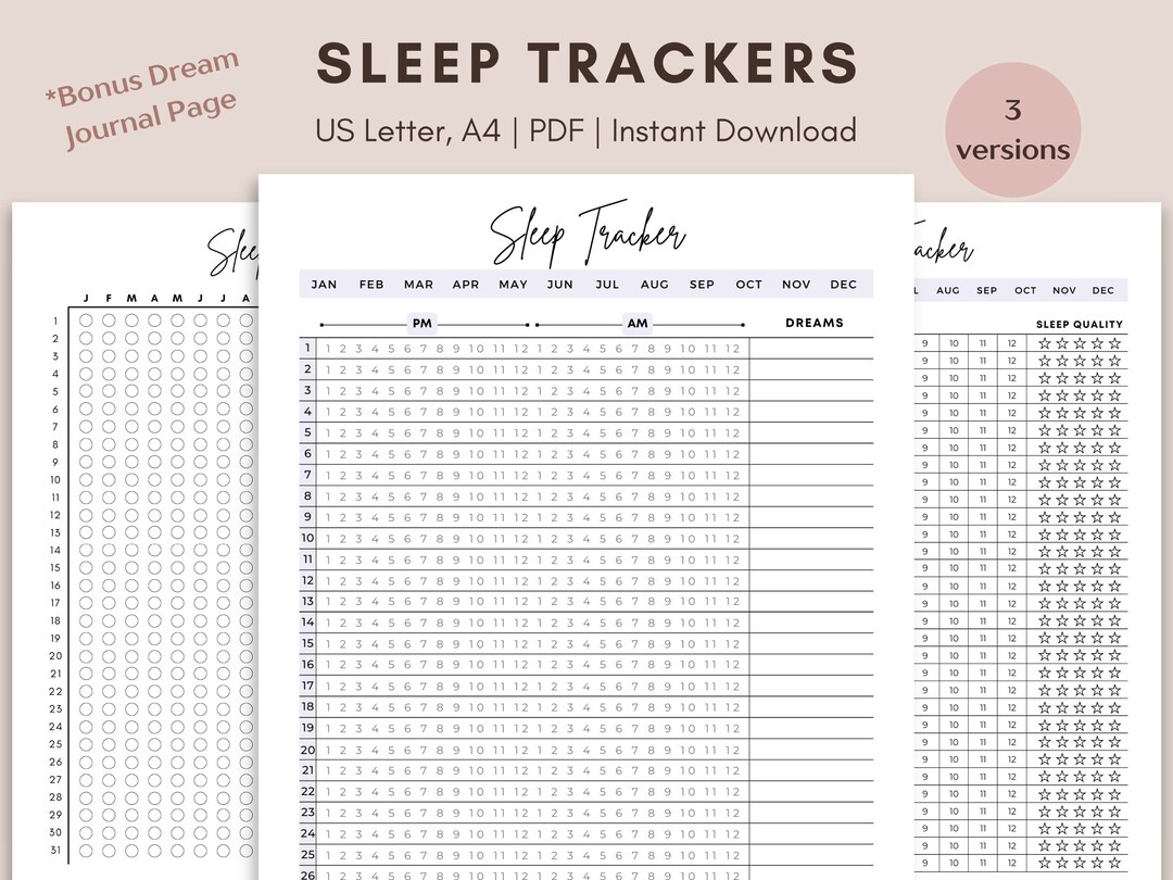Sleep Tracker, Monthly Sleep Chart Printable, Yearly Sleeping Log ...