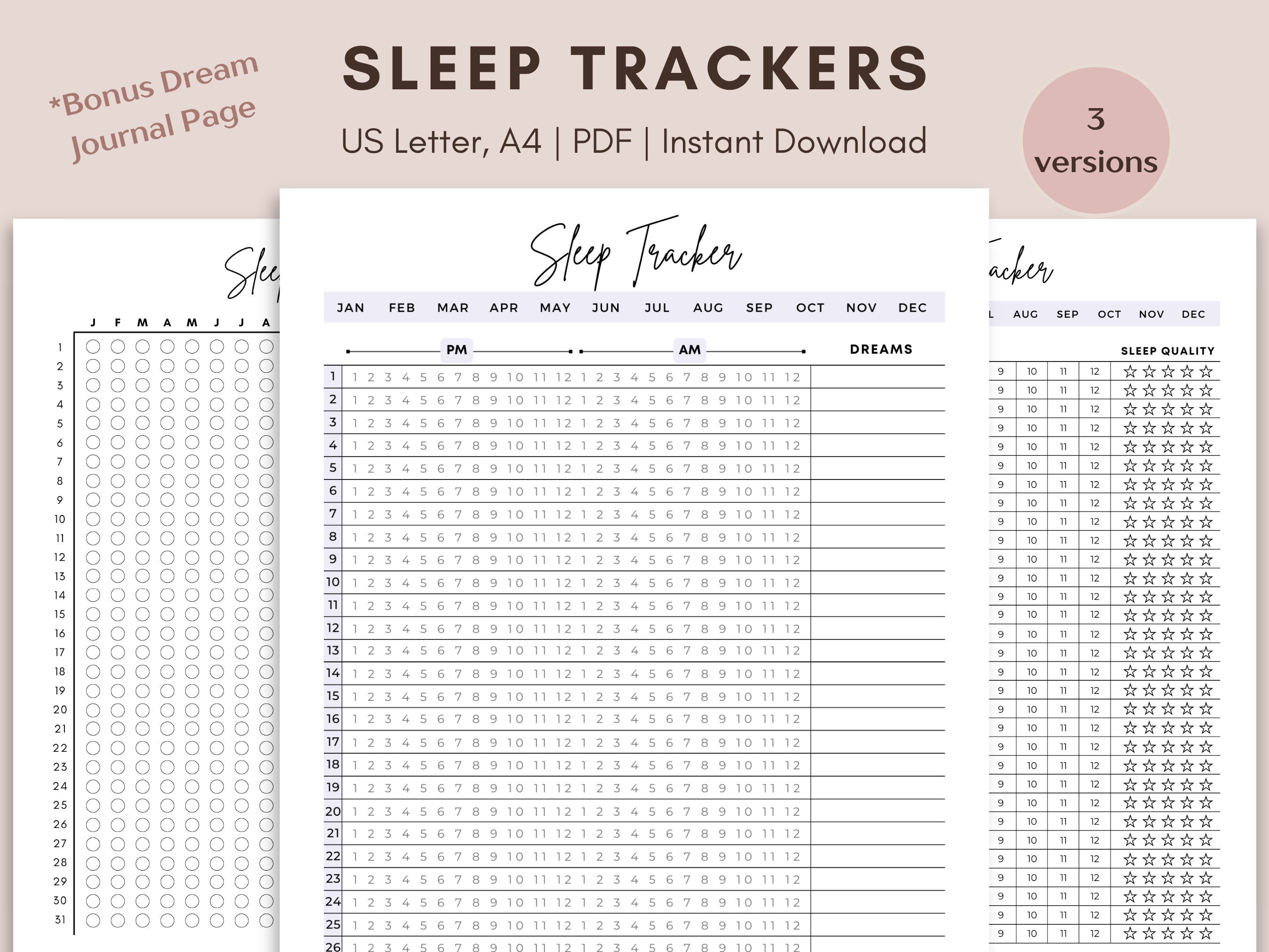 Sleep Tracker, Monthly Sleep Chart Printable, Yearly Sleeping Log ...
