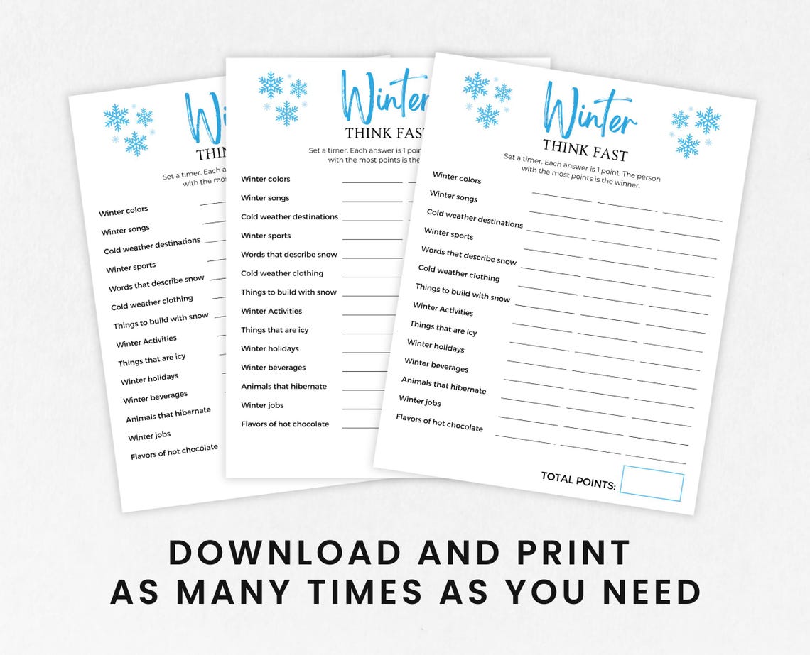 Winter Think Fast Game, Printable Christmas Fun Party Activity, Winter ...