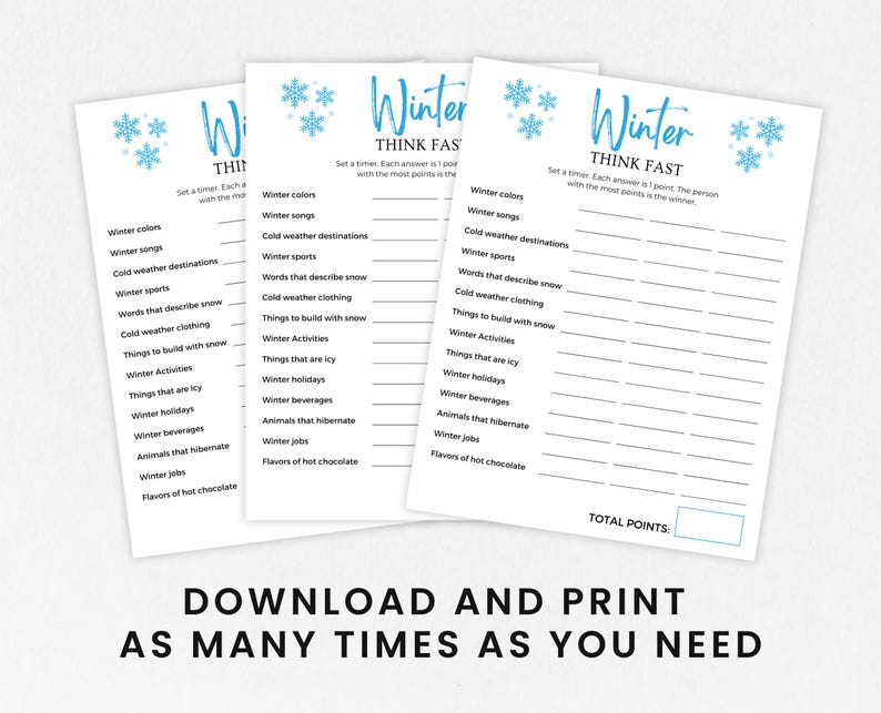 Winter Think Fast Game, Printable Christmas Fun Party Activity, Winter ...