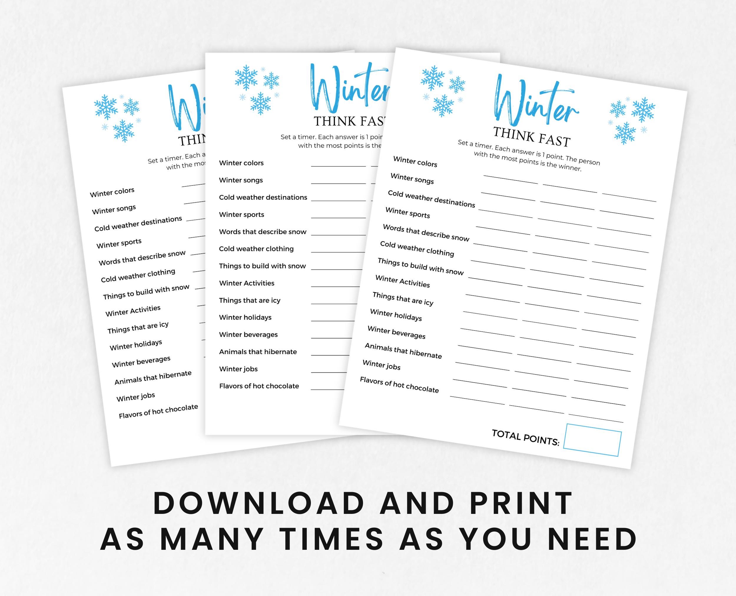 Winter Think Fast Game, Printable Christmas Fun Party Activity, Winter ...