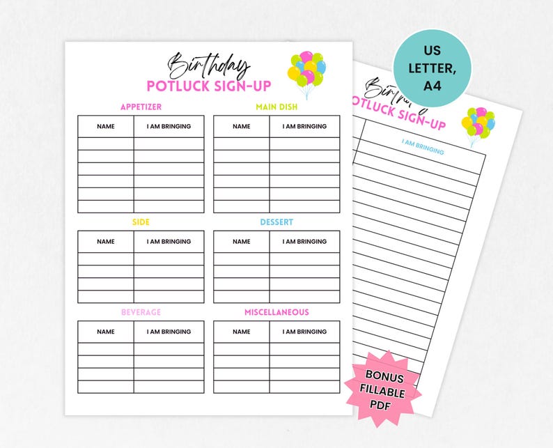Birthday Potluck Sign up Sheet, Birthday Party Potluck, Potluck Party ...