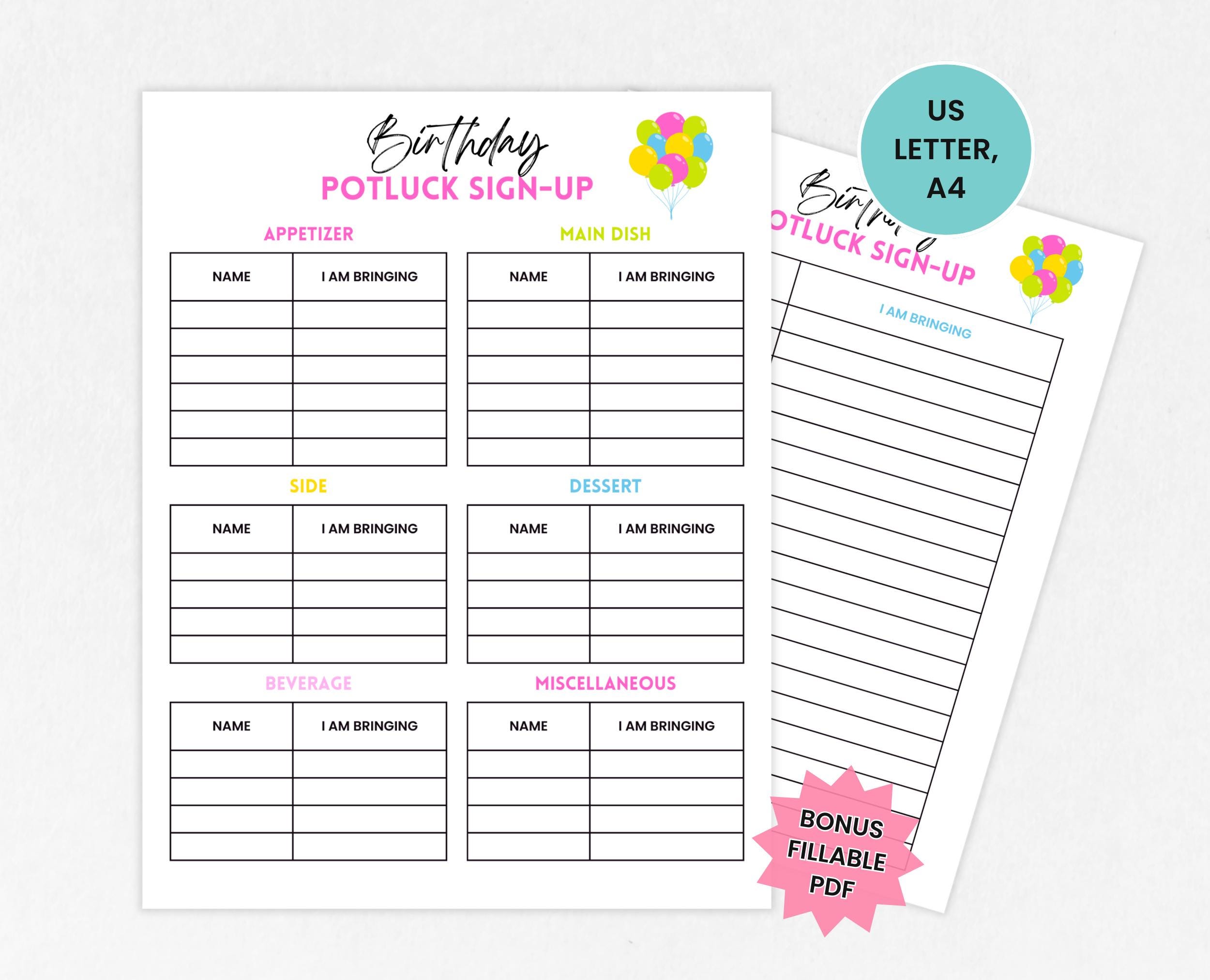 Birthday Potluck Sign up Sheet, Birthday Party Potluck, Potluck Party ...