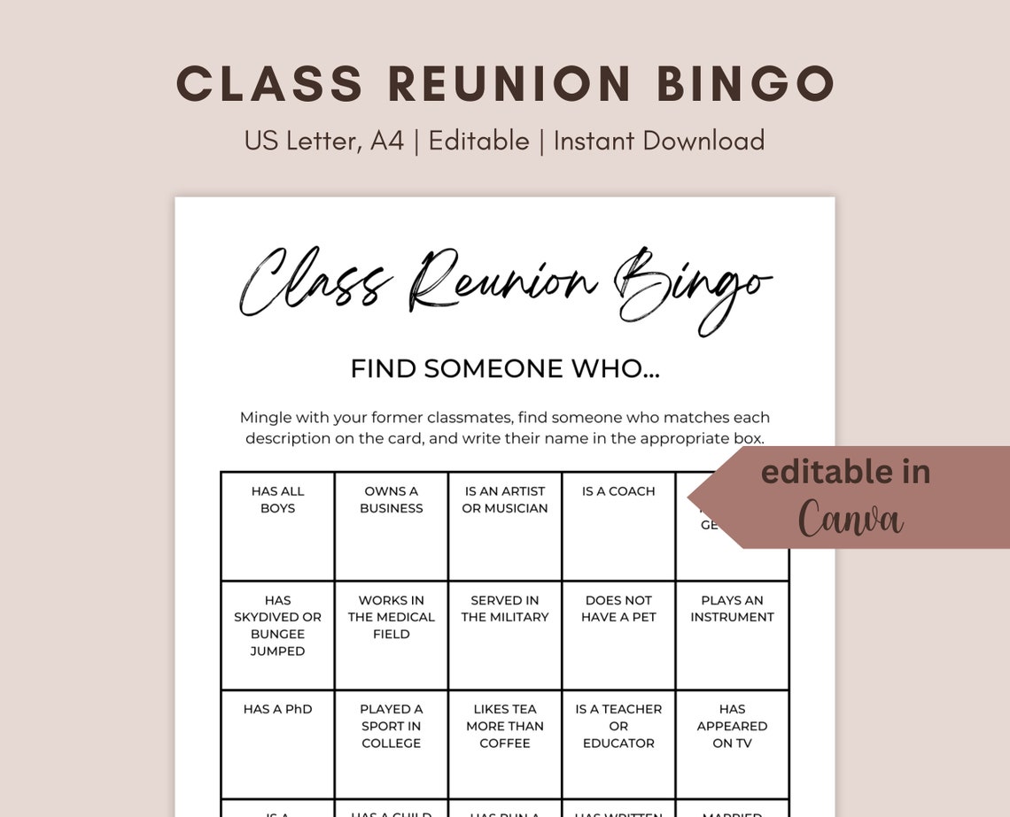 Editable Class Reunion Bingo Game, Class Reunion Bingo, High School ...