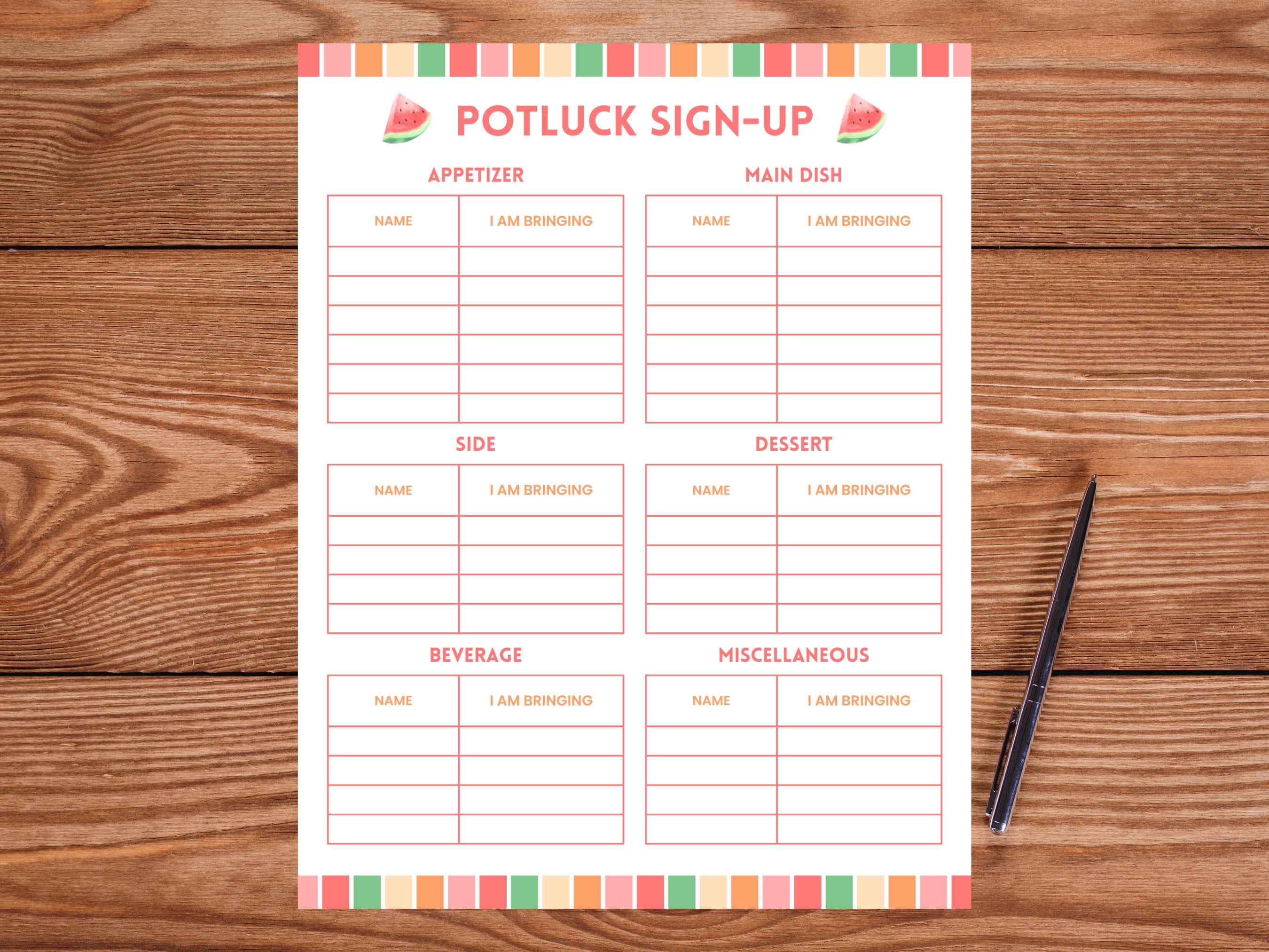 Potluck Sign up Sheet, Office Potluck Party Printable, Summer Party ...