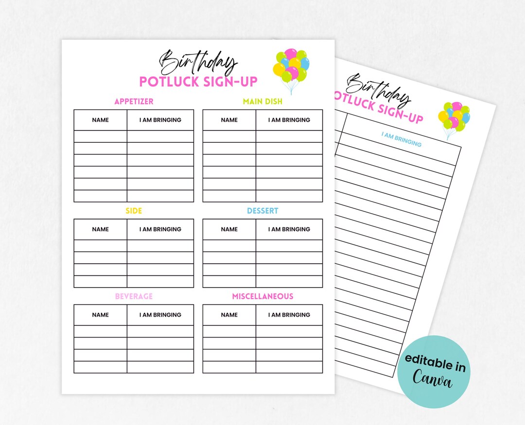 Editable Potluck Sign up Sheet, Birthday Party Potluck, Potluck Party ...