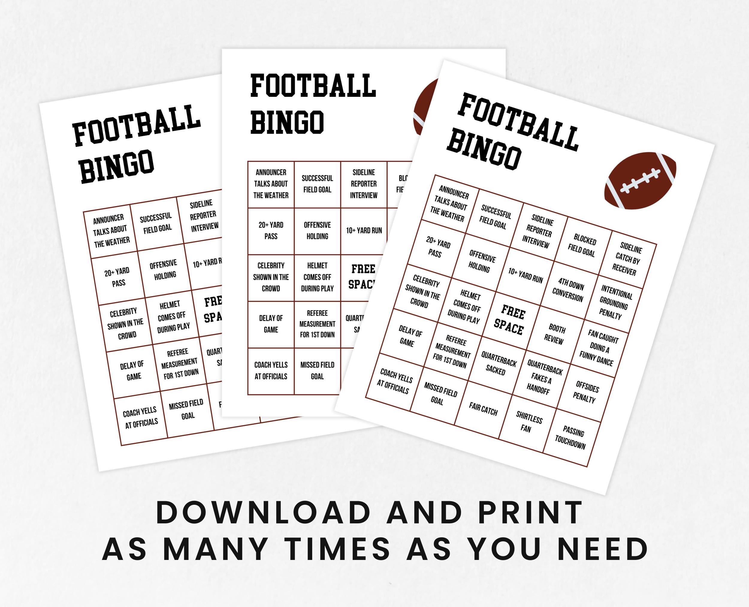 Football Bingo Cards, Football Bingo Game, Printable Sports Bingo Cards ...