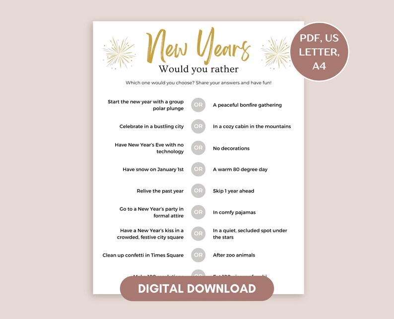 New Years Would You Rather, Printable New Year's Eve Game, New Years ...