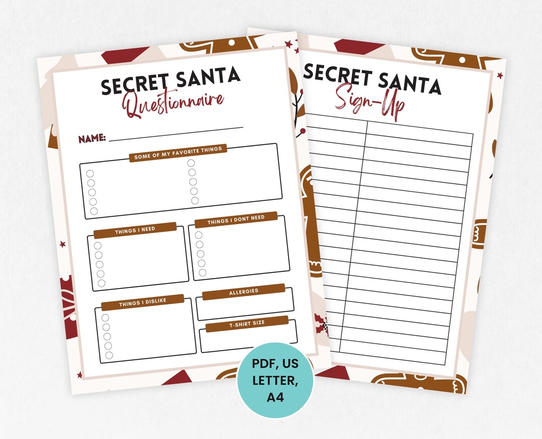 Secret Santa Questionnaire for Adults, Secret Santa Gift Exchange Sign ...