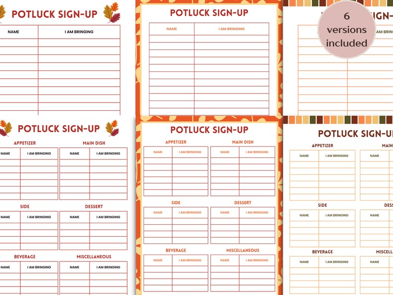 Potluck Sign up Sheet Fillable, Office Potluck Party Printable, Fall ...
