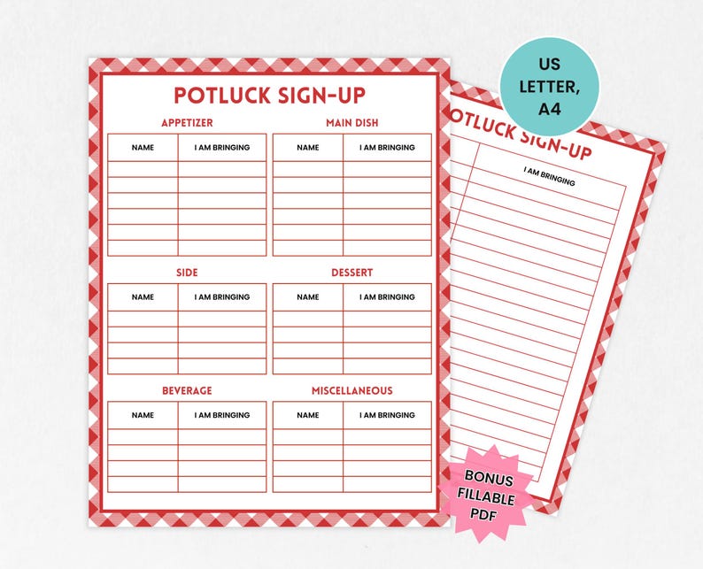 Potluck Sign up Sheet, Office Potluck Party Printable, Picnic Potluck ...