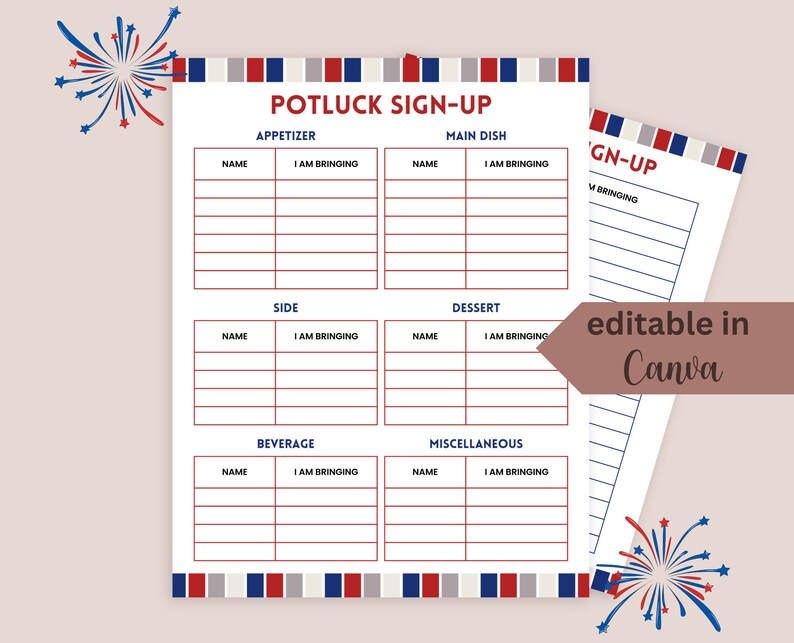 Editable Potluck Sign up Sheet, 4th of July Party, Office Potluck Party ...