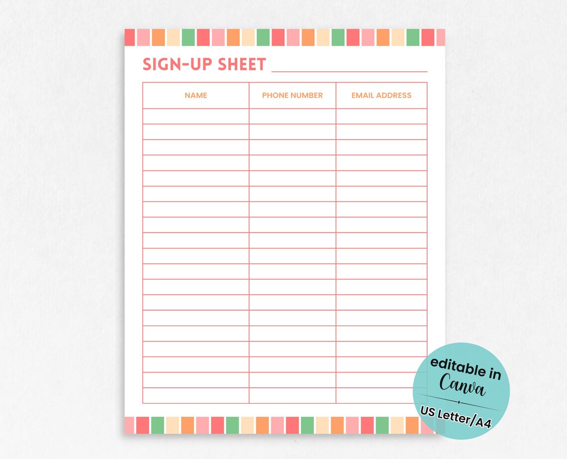 Editable Sign up Sheet, Email Signup Sheet Printable, Summer Signup ...