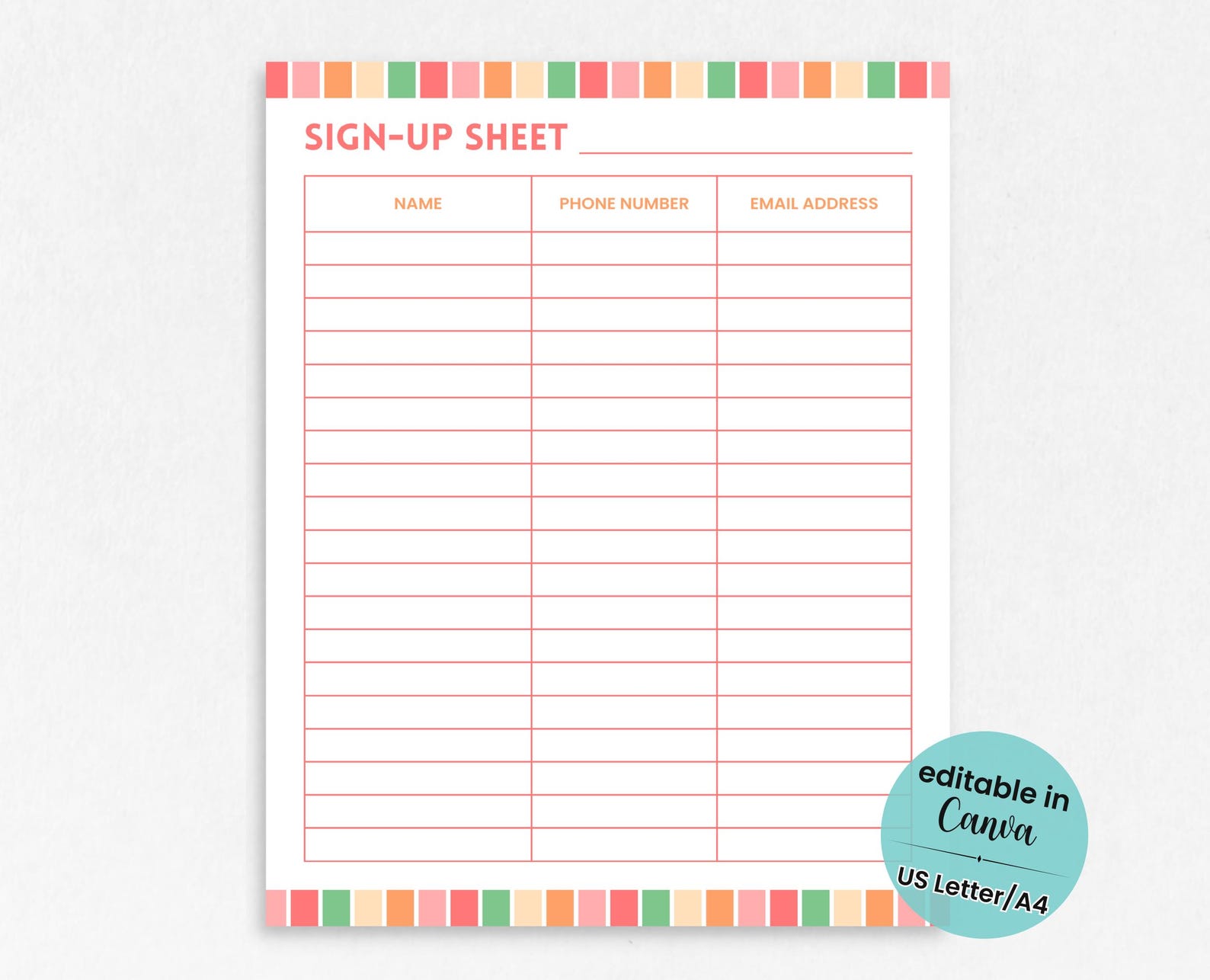 Editable Sign up Sheet, Email Signup Sheet Printable, Summer Signup ...