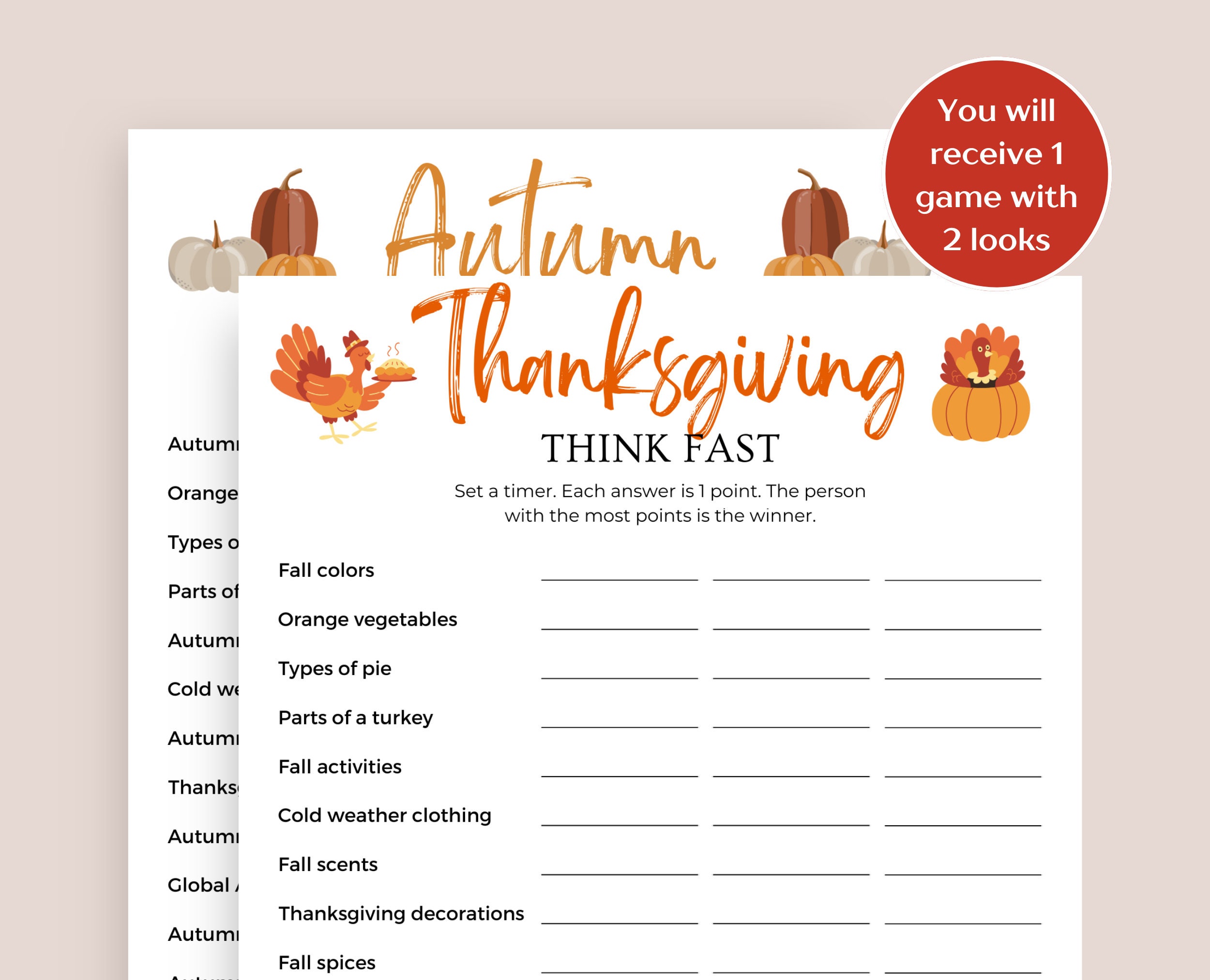 Thanksgiving Think Fast Game, Printable Thanksgiving Fun Party Activity ...