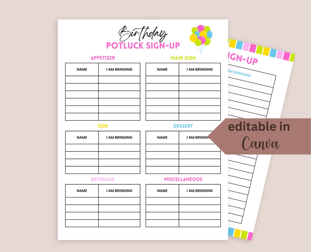 Editable Potluck Sign up Sheet, Birthday Party Potluck, Potluck Party ...