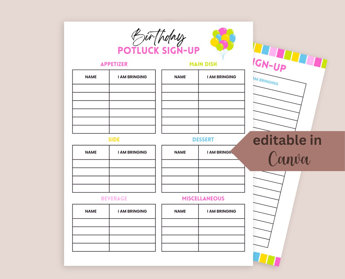 Editable Potluck Sign up Sheet, Birthday Party Potluck, Potluck Party ...