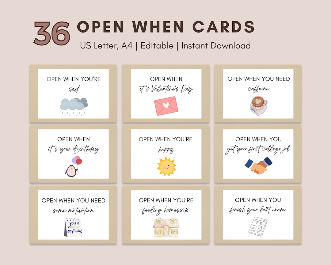 Editable Open When Cards for College Students, Open When Letters ...