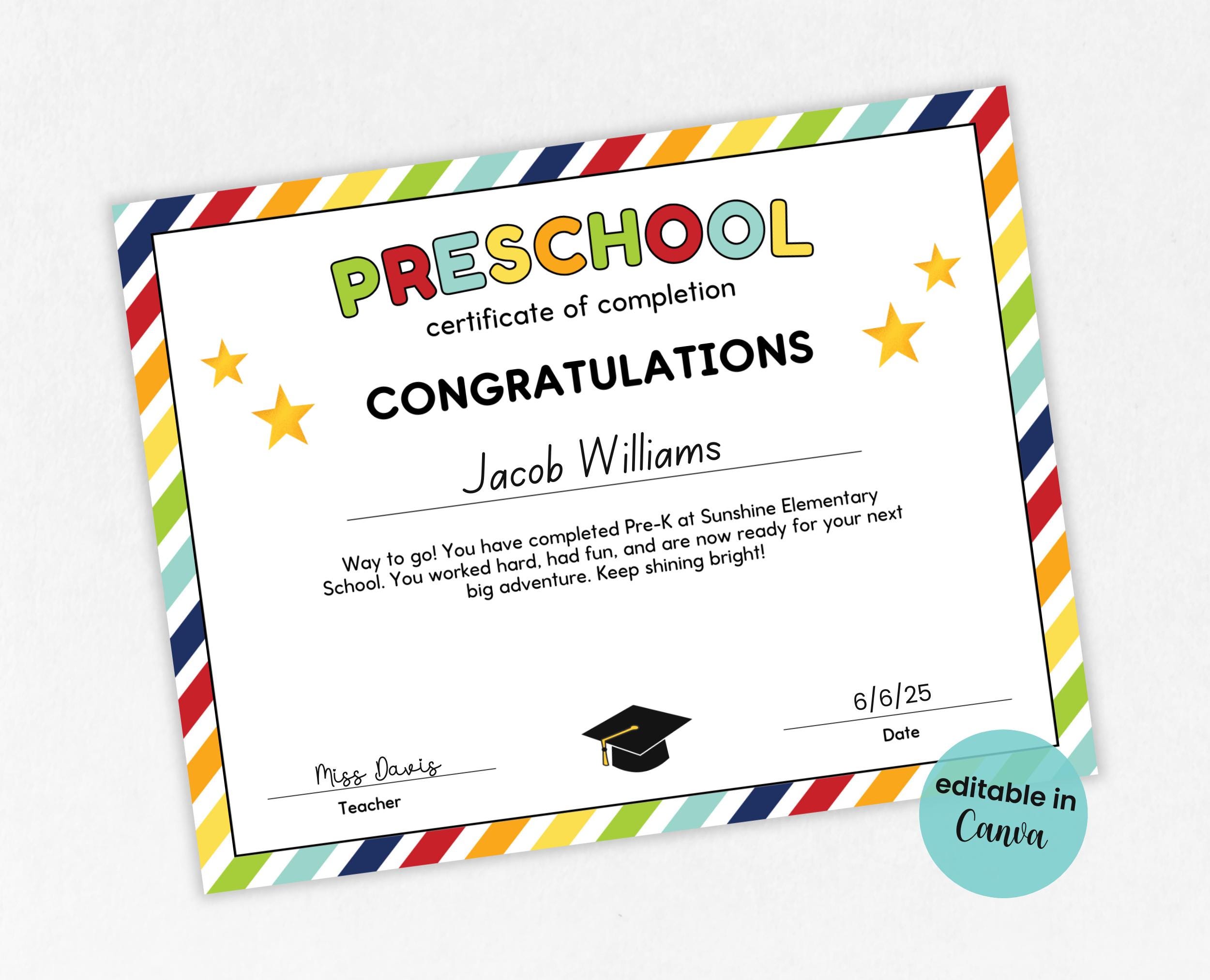 Editable Preschool Graduation Diploma, Customizable Preschool Diploma ...