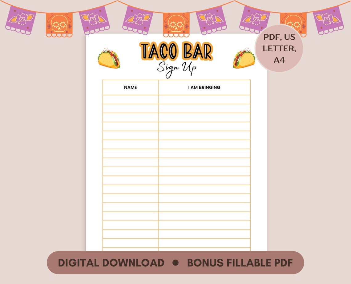 Taco Bar Potluck Sign up Sheet, Office Potluck Party Printable, Taco ...
