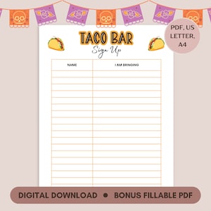 Taco Bar Potluck Sign up Sheet, Office Potluck Party Printable, Taco ...