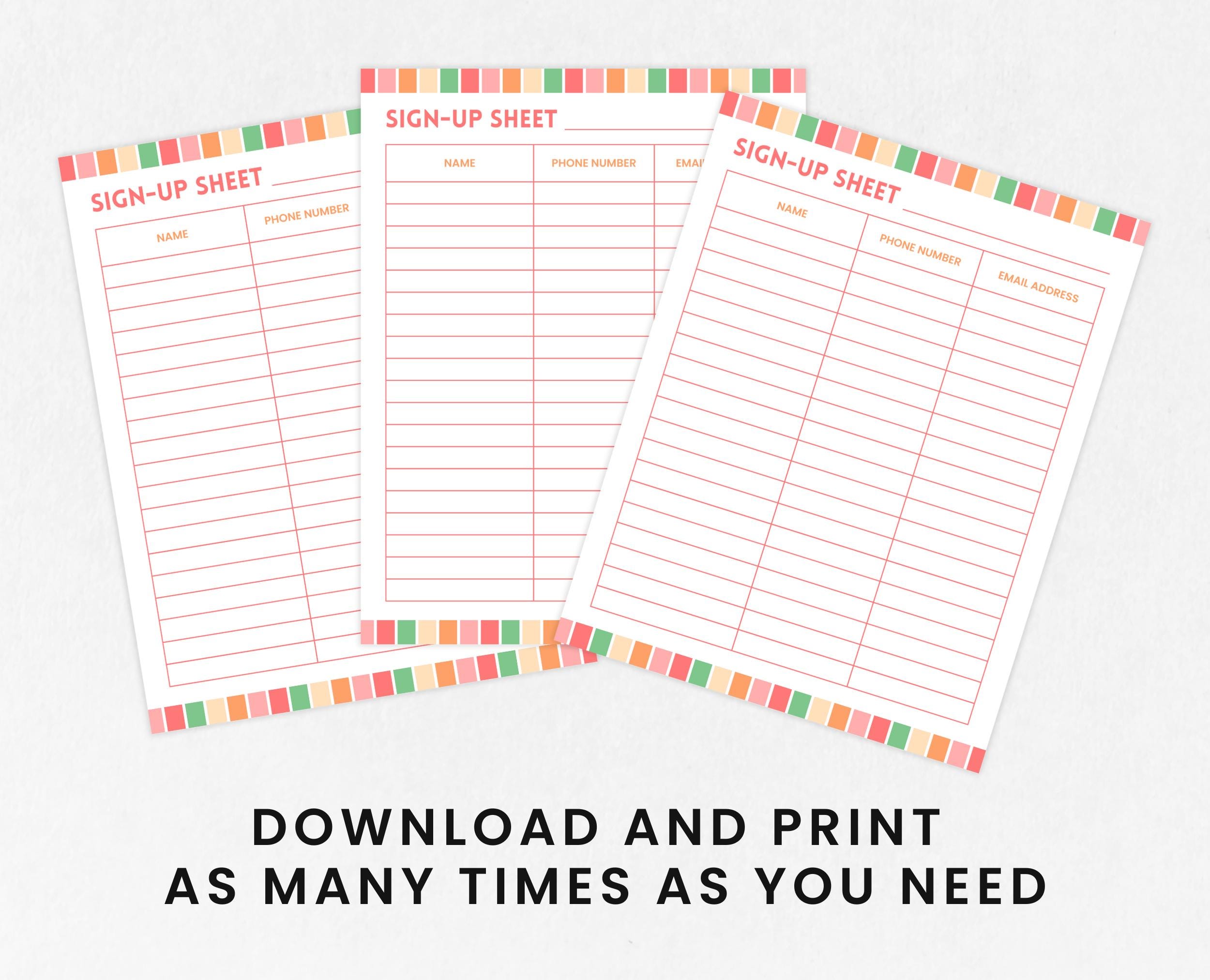 Editable Sign up Sheet, Email Signup Sheet Printable, Summer Signup ...