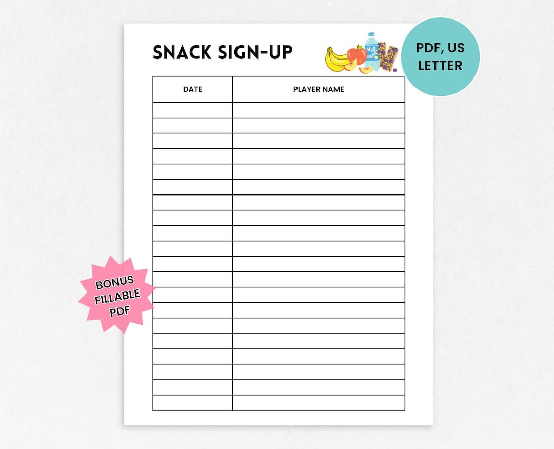 Snack Sign up Sheet, Coach Snack Signup Sheet Printable, Sports Food ...