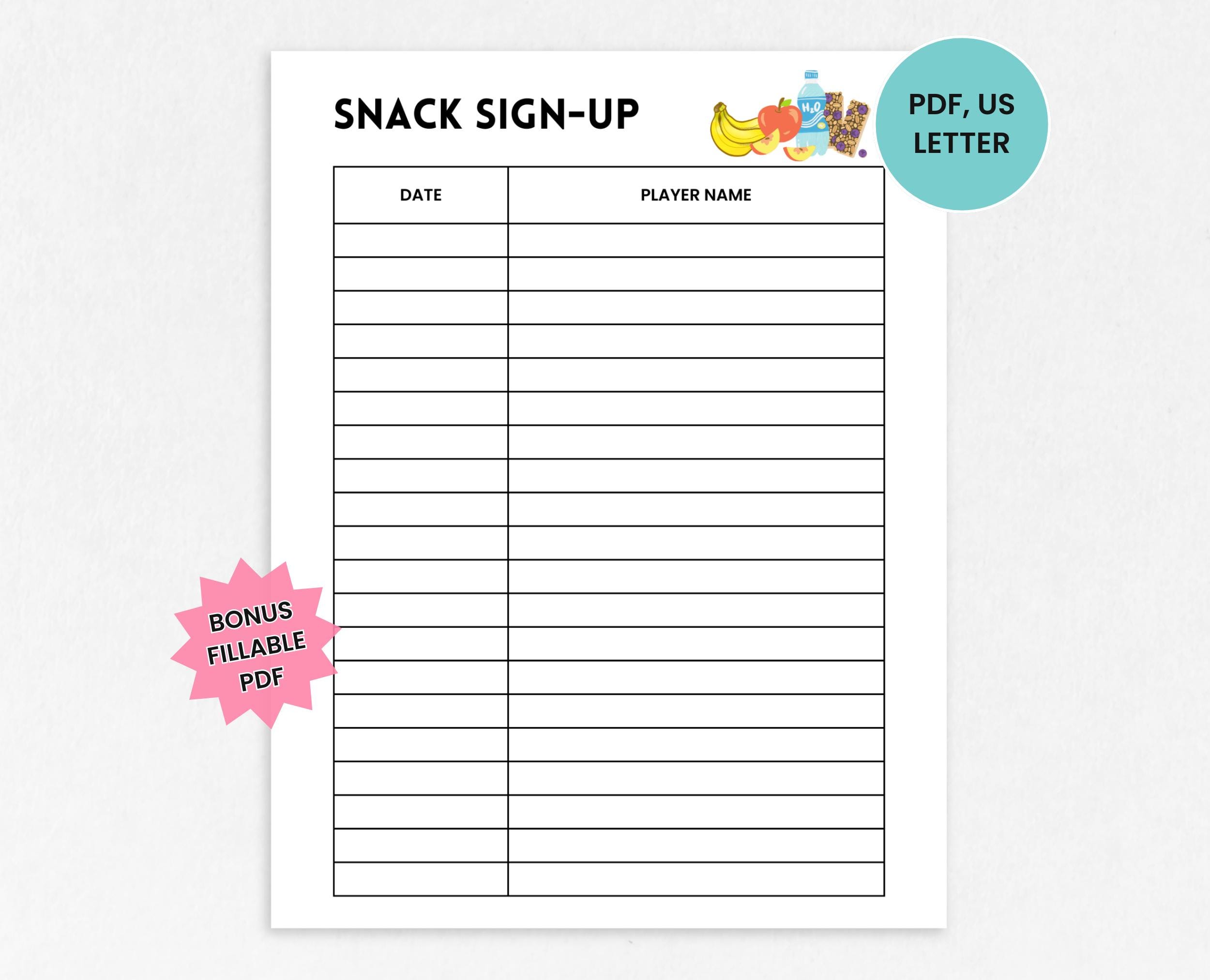 Snack Sign up Sheet, Coach Snack Signup Sheet Printable, Sports Food ...