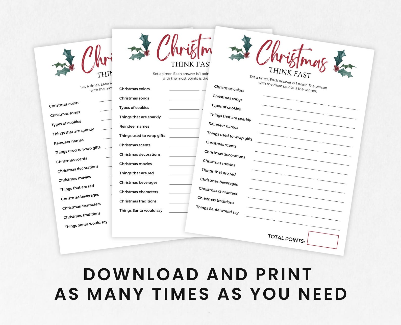 Christmas Think Fast Game, Printable Christmas Fun Party Activity ...