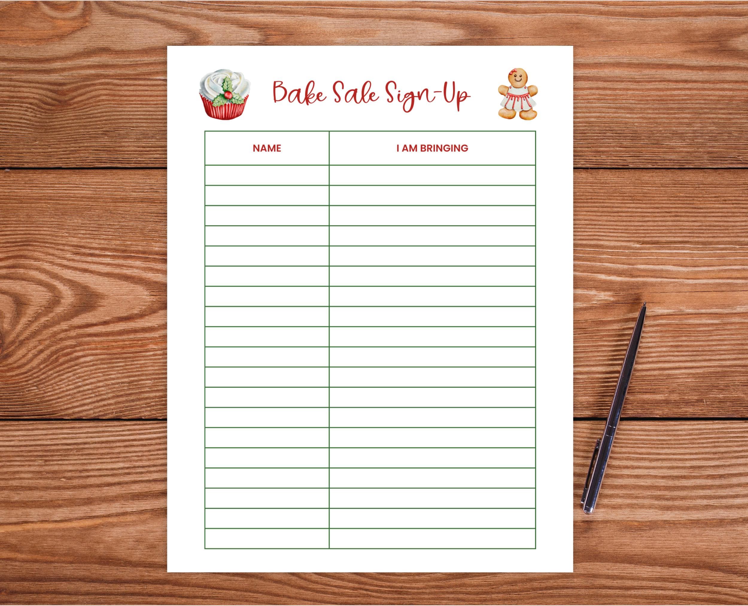 Holiday Bake Sale Sign up Sheet, Christmas Bake Sale Fundraiser ...