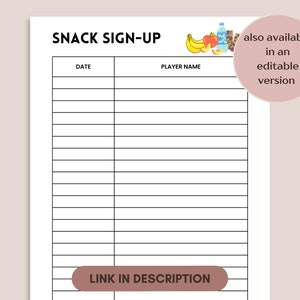 Snack Sign up Sheet, Coach Snack Signup Sheet Printable, Sports Food ...