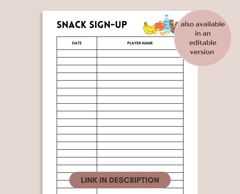 Snack Sign up Sheet, Coach Snack Signup Sheet Printable, Sports Food ...