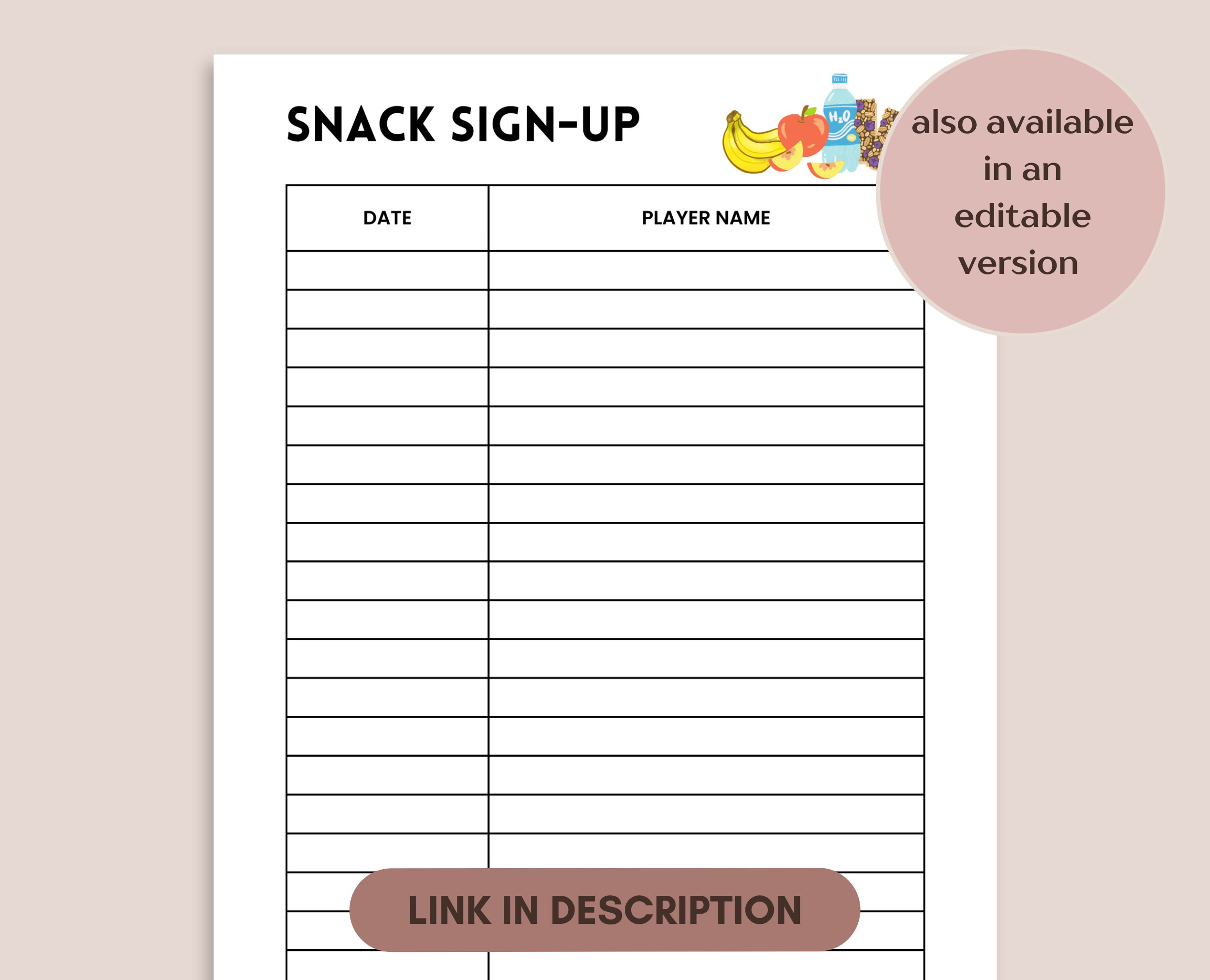 Snack Sign up Sheet, Coach Snack Signup Sheet Printable, Sports Food ...