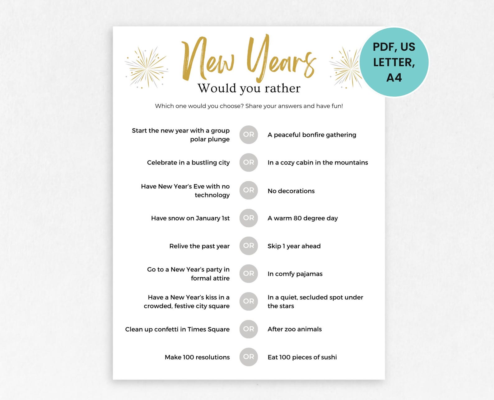 New Years Would You Rather, Printable New Year's Eve Game, New Years ...