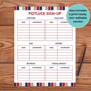 Editable Potluck Sign up Sheet, 4th of July Party, Office Potluck Party ...
