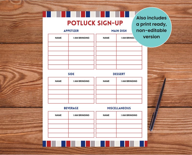 Editable Potluck Sign up Sheet, 4th of July Party, Office Potluck Party ...