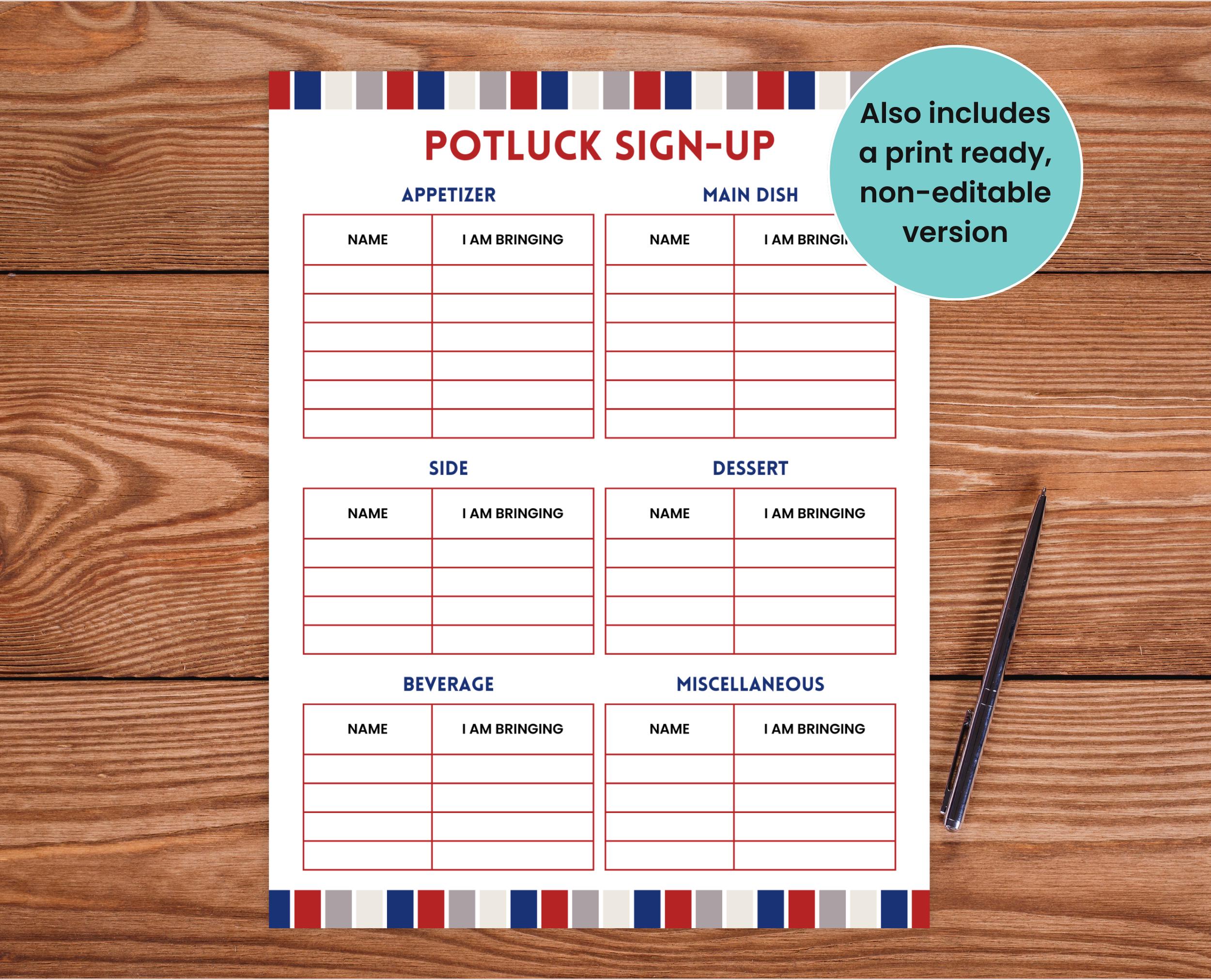 Editable Potluck Sign up Sheet, 4th of July Party, Office Potluck Party ...
