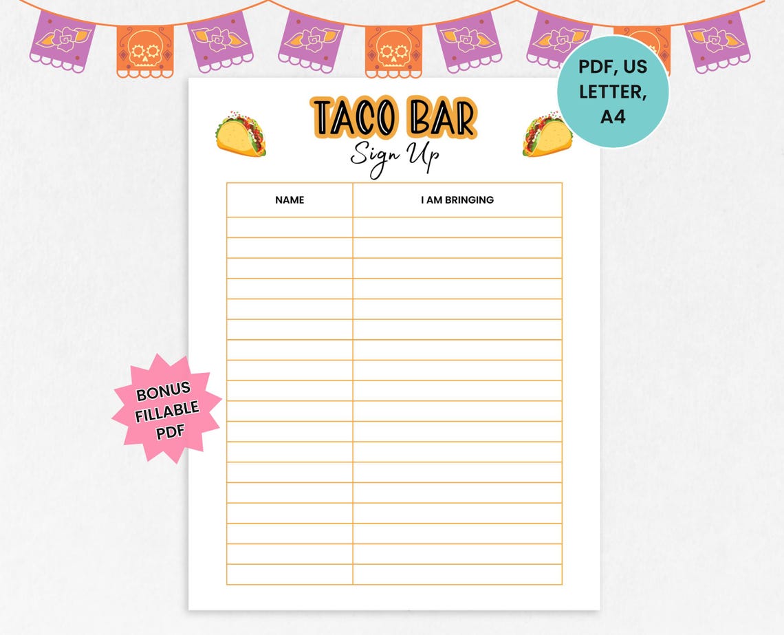 Taco Bar Potluck Sign up Sheet, Office Potluck Party Printable, Taco ...