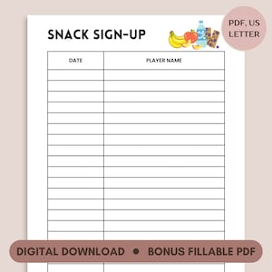 Snack Sign up Sheet, Coach Snack Signup Sheet Printable, Sports Food ...