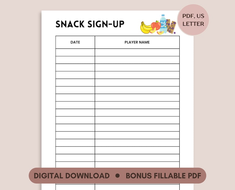 Snack Sign up Sheet, Coach Snack Signup Sheet Printable, Sports Food ...