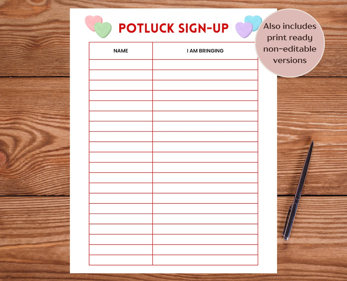 Editable Valentines Potluck Sign up Sheet, Office Potluck Party ...