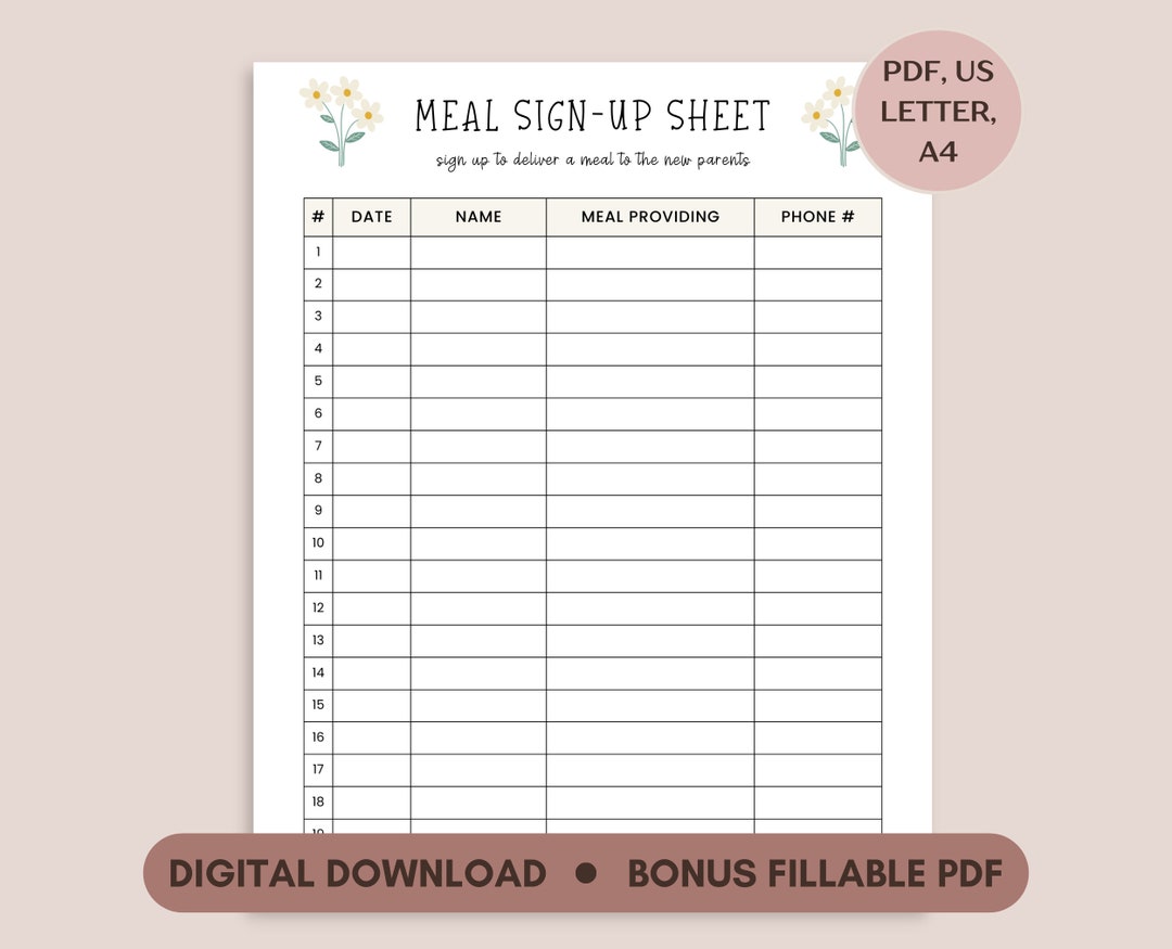 Meal Sign up Sheet, Meal Train Signup Sheet Printable, Food Signup ...