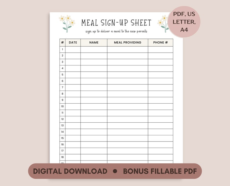 Meal Sign up Sheet, Meal Train Signup Sheet Printable, Food Signup ...
