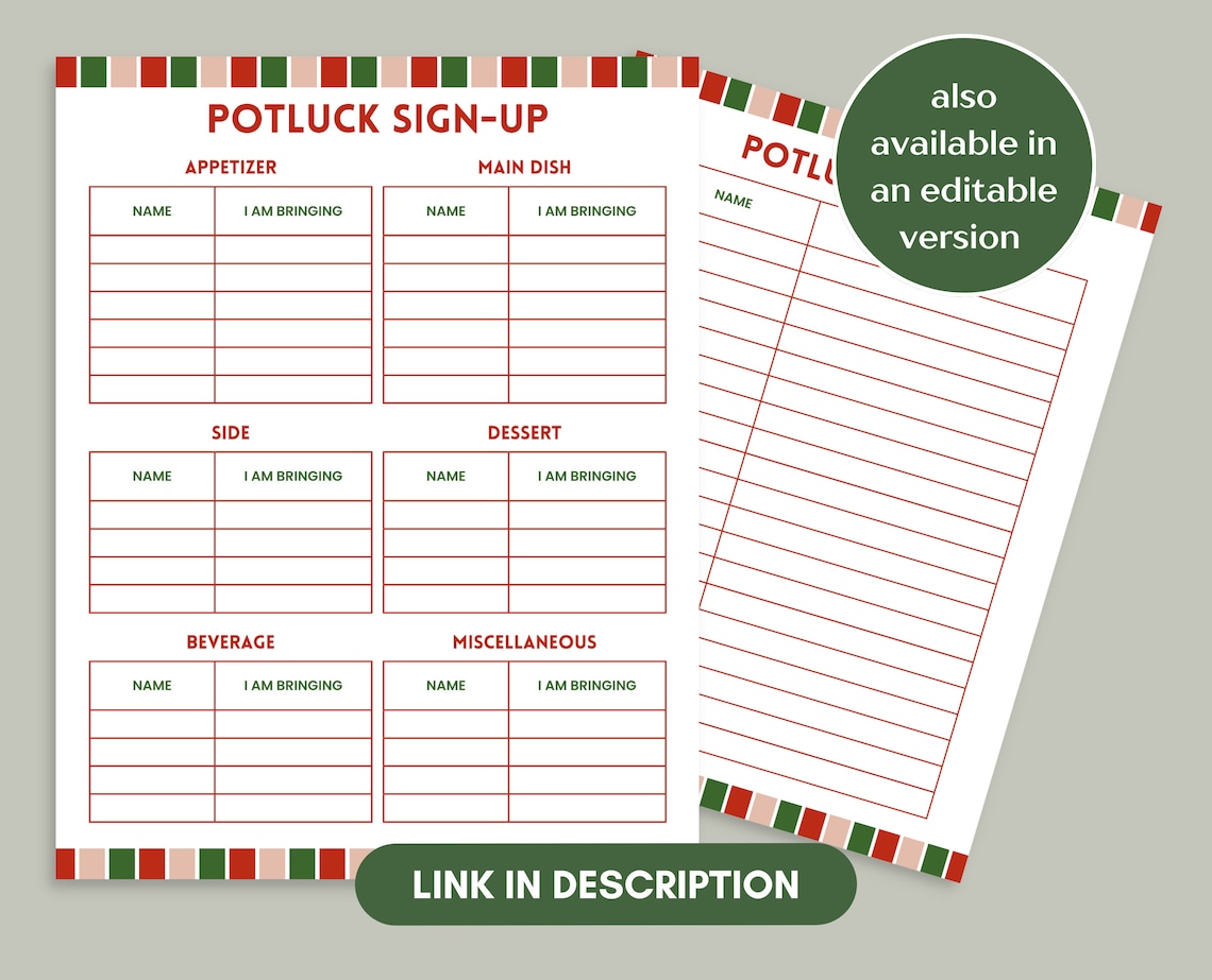 Holiday Potluck Sign up Sheet, Office Potluck Party Printable ...