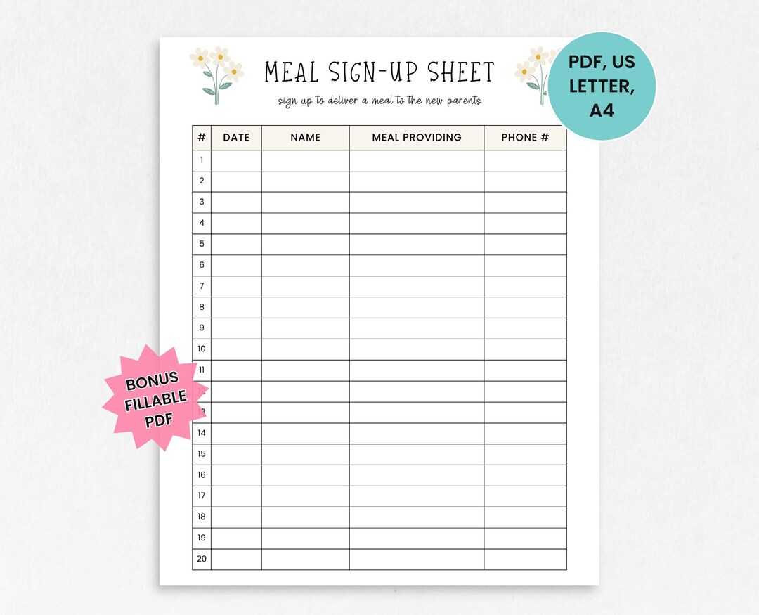 Meal Sign up Sheet, Meal Train Signup Sheet Printable, Food Signup ...