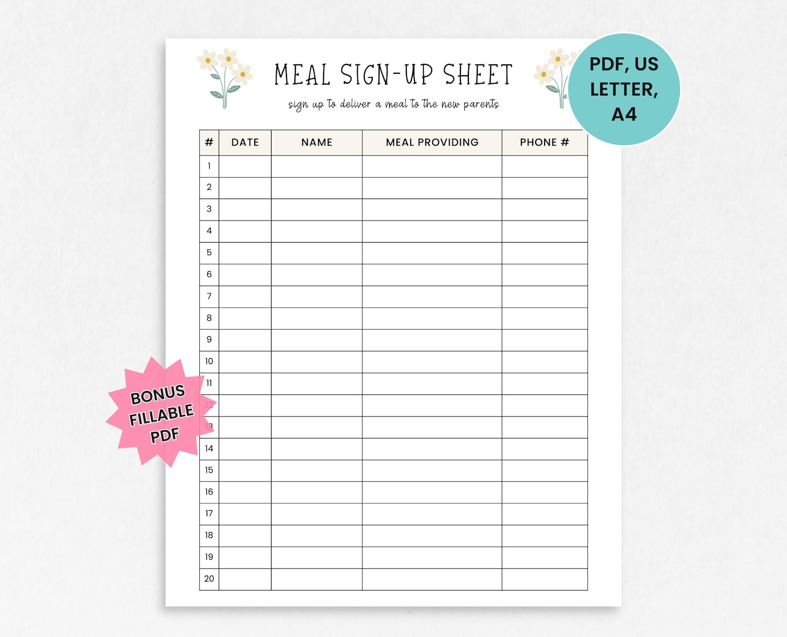 Meal Sign up Sheet, Meal Train Signup Sheet Printable, Food Signup ...