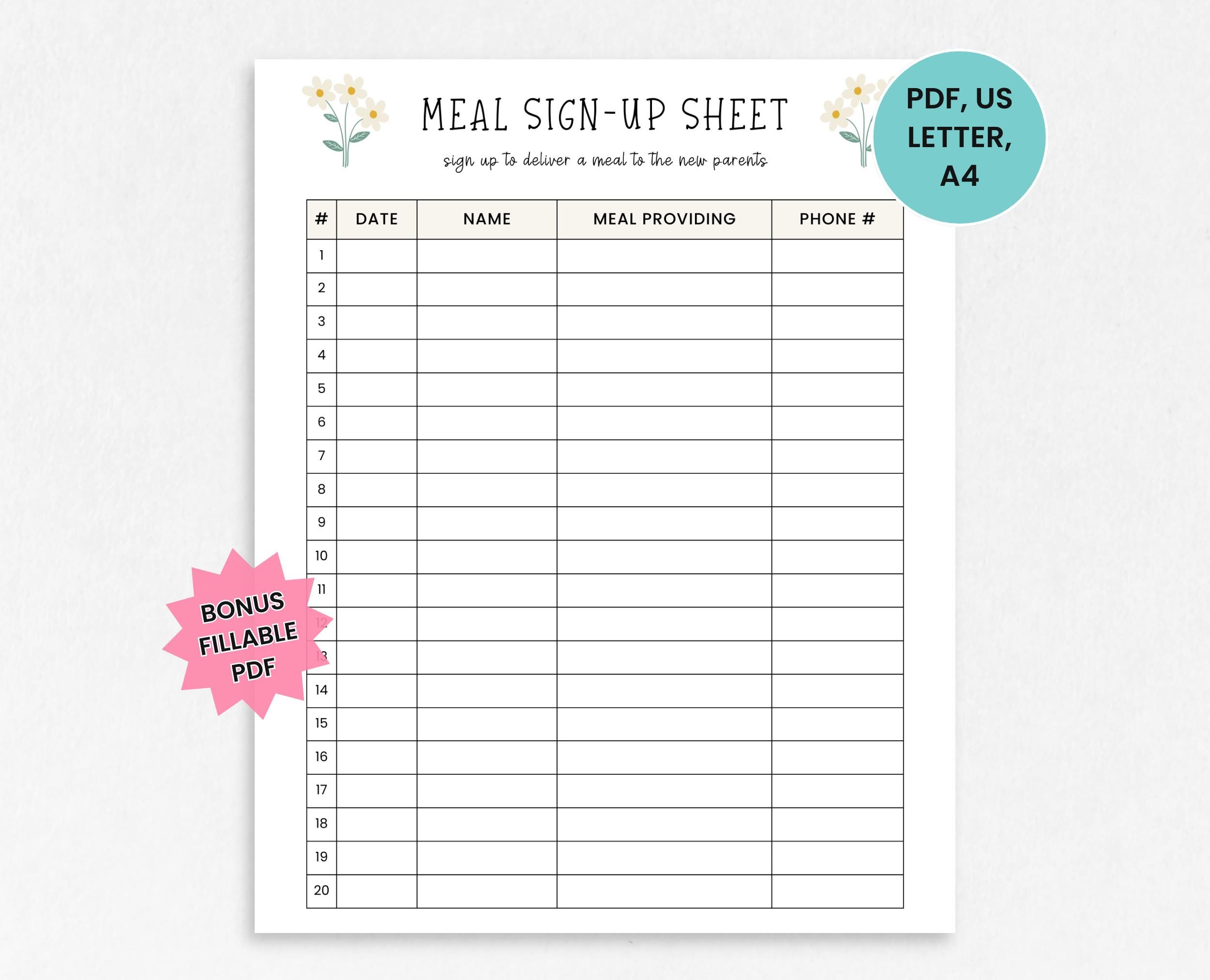 Meal Sign up Sheet, Meal Train Signup Sheet Printable, Food Signup ...