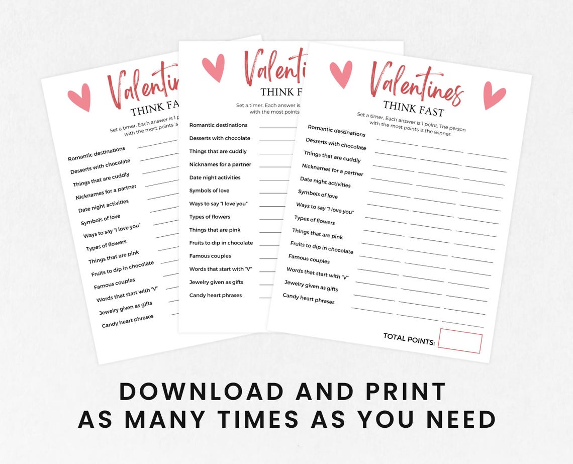 Valentine's Day Think Fast, Printable Valentines Day Game, Valentines ...