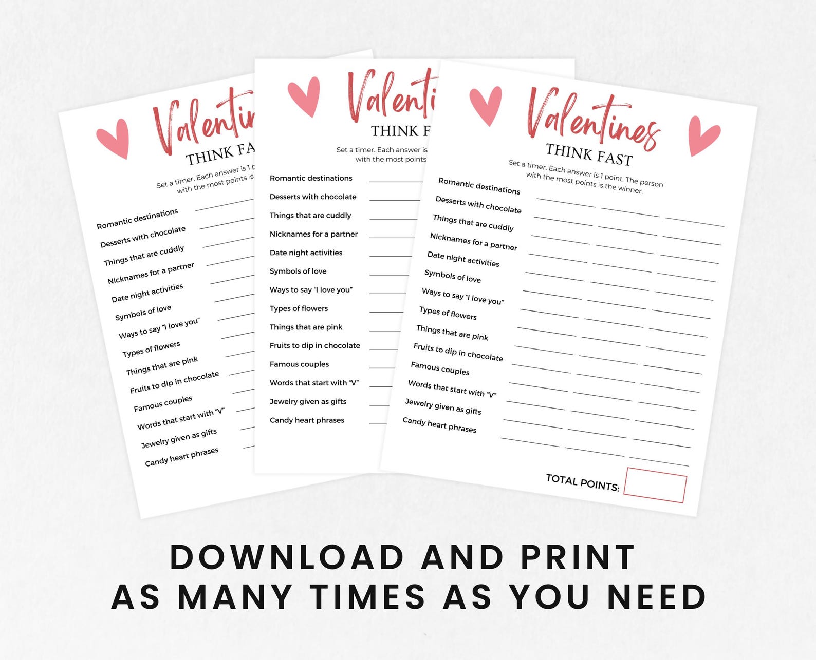 Valentine's Day Think Fast, Printable Valentines Day Game, Valentines ...