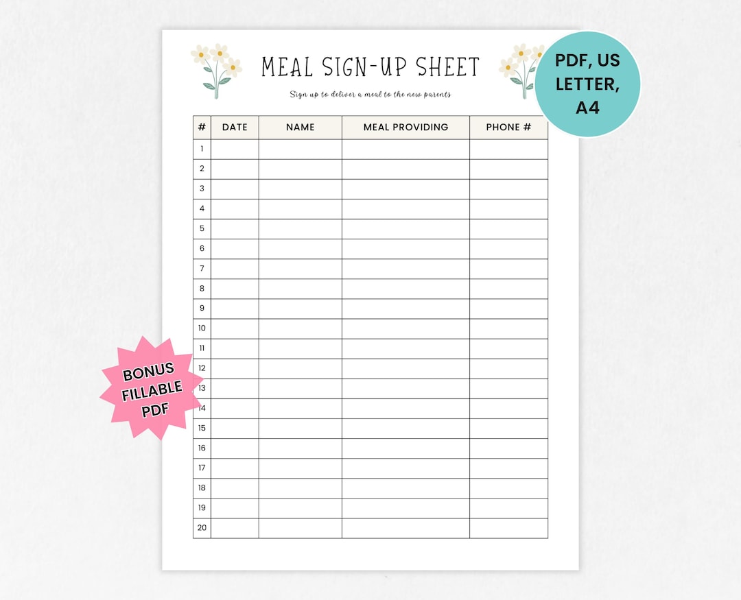 Meal Sign up Sheet, Meal Train Signup Sheet Printable, New Parents Food ...